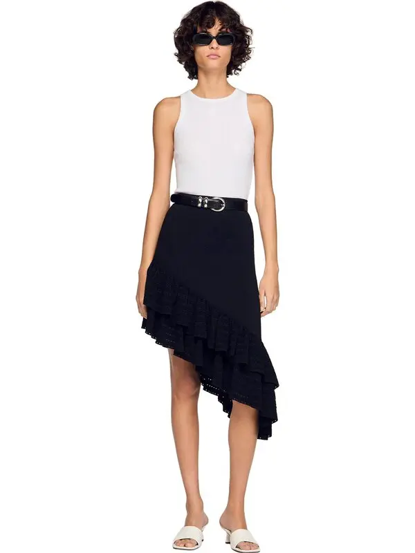Sandro Asymmetrical Knit Skirt With Ruffle Detailing - Black