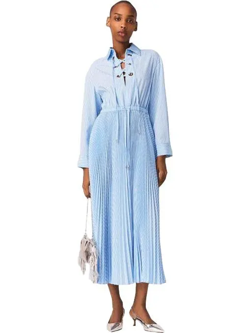 Maje Striped Pleated Maxi Shirt Dress With Eyelets - Blue Sky