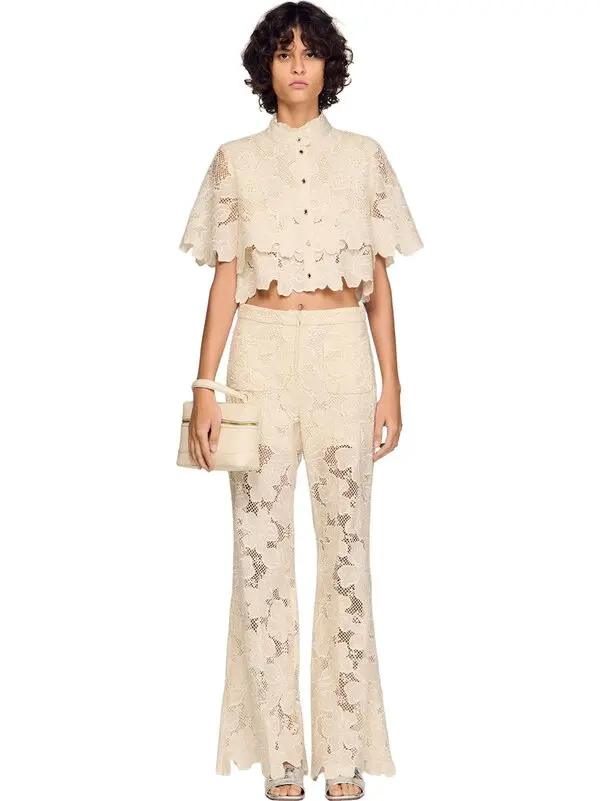 Sandro Cropped Floral Guipure Shirt - Ecru