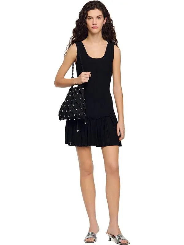 Sandro Mini Knit Dress With Ruffle - Black