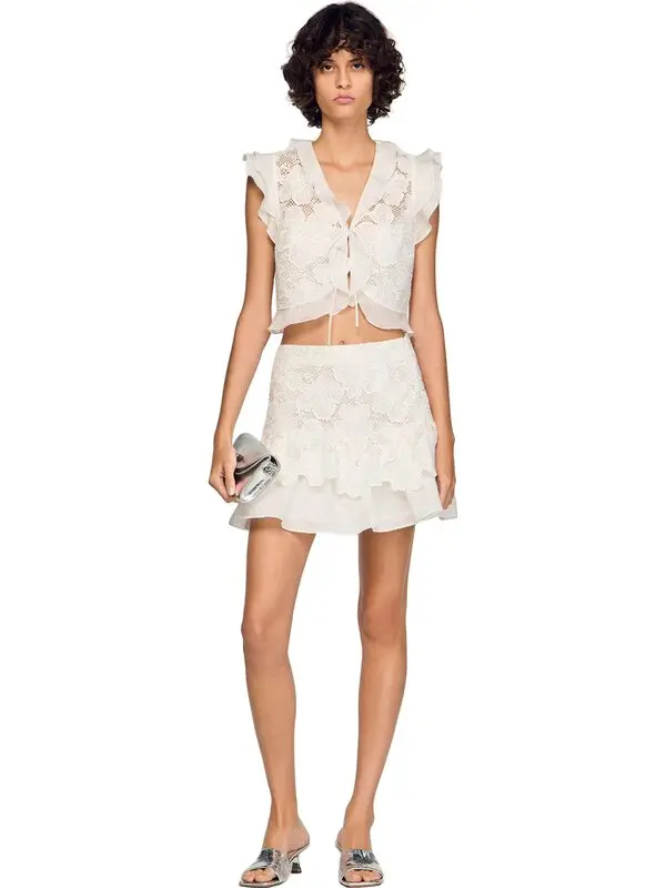 Sandro Mini Flared Guipure Skirt - White