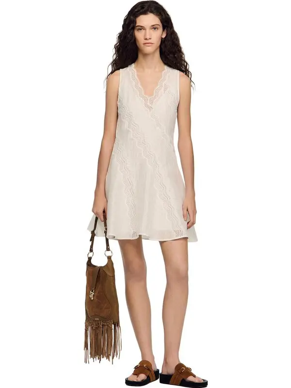 Sandro Mini Trimmed Linen Dress - White