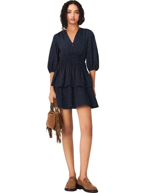 Maje Ruffle And Rhinestone Dress - Navy