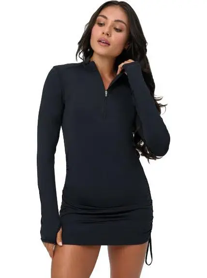 BLOQUV Long Sleeve Sun And Uv Protection Drawstring Coverup Dress - Black