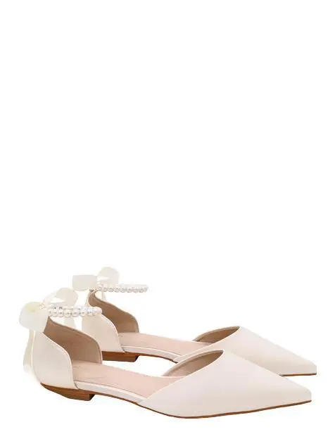 KAILEE P Bella Satin Pointy Toe Flats With Pearl Ankle Strap - Ivory