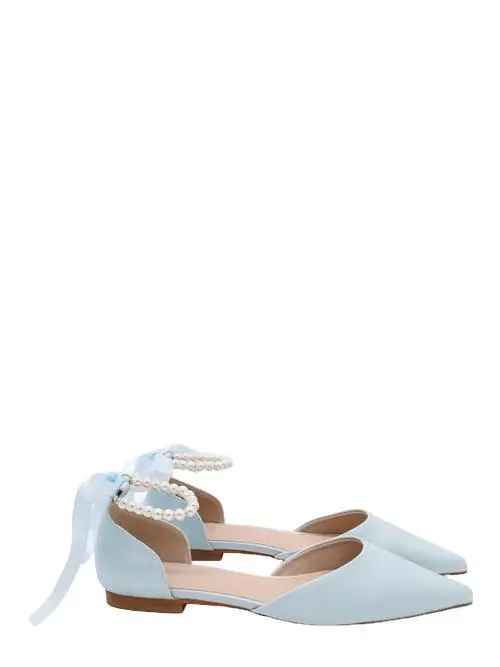 KAILEE P Bella Satin Pointy Toe Flats With Pearl Ankle Strap - Light Blue