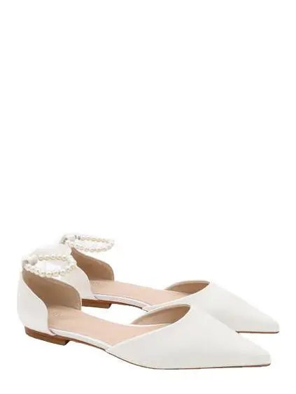 KAILEE P Bella Satin Pointy Toe Flats With Pearl Ankle Strap - White