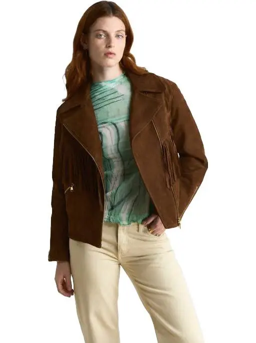 FURNIQ UK Lara Fringe Suede Jacket - Chestnut