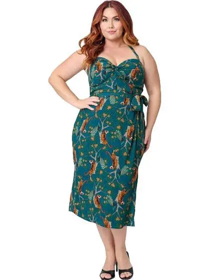 Unique Vintage Leilani Sleeveless Sarong Dress - Teal Tiger Print