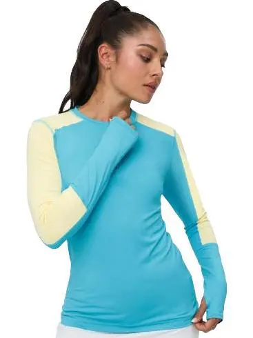 BLOQUV Performance Quarter Zip Long Sleeve Crew Shirt - Lt. Turquoise/lemon Yellow