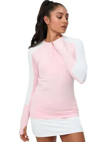 BLOQUV Performance Quarter Zip Long Sleeve Crew Shirt - Tickle Me Pink/white