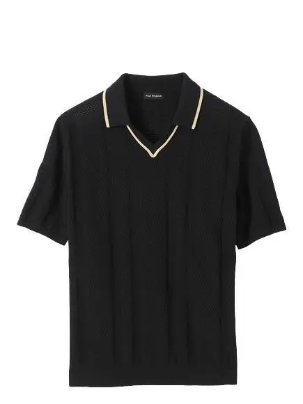 PAUL FREDRICK Cotton Crochet V-neck Polo - Black