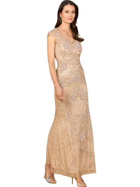LARA NEW YORK Beaded Cap Sleeve Gown - Nude