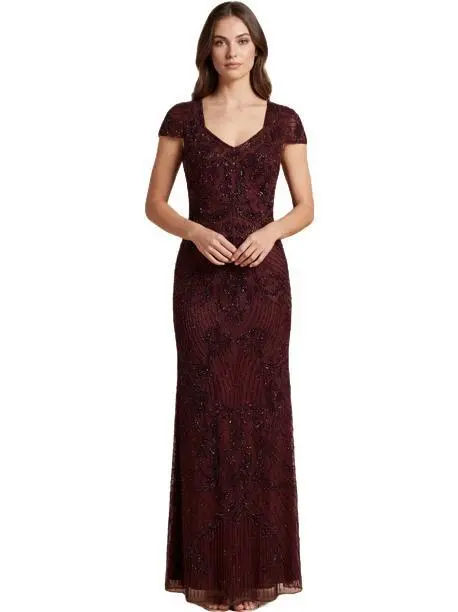 LARA NEW YORK Beaded Cap Sleeve Gown - Wine