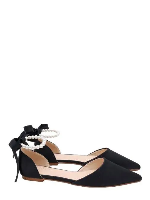 KAILEE P Bella Satin Pointy Toe Flats With Pearl Ankle Strap - Black