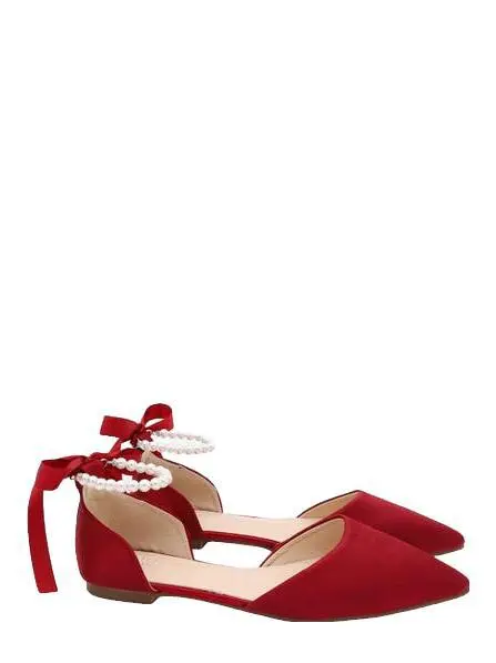 KAILEE P Bella Satin Pointy Toe Flats With Pearl Ankle Strap - Burgundy