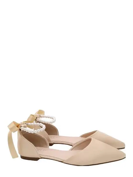 KAILEE P Bella Satin Pointy Toe Flats With Pearl Ankle Strap - Champagne
