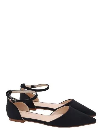 KAILEE P Bella Satin Pointy Toe Flats With Ankle Strap - Black