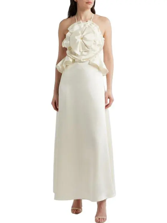 CIEBON Tashi Rosette Bodice Satin Gown - Cream