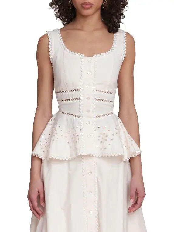 Avec Les Filles Eyelet Peplum Cotton Tank - Cream