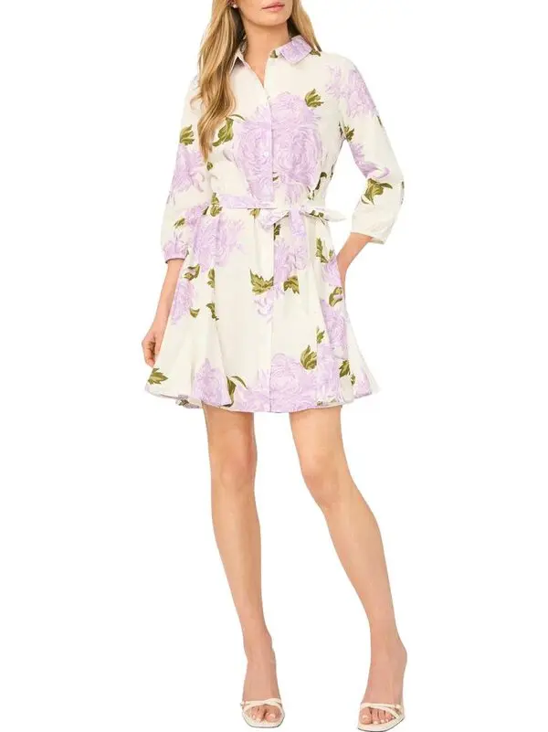 Halogen Floral Tie Belt Cotton Mini Shirtdress - Purple Multi