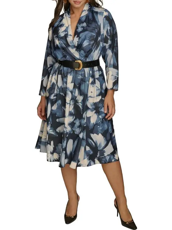 Donna Karan New York Abstract Floral Belted Midi Dress - Nightfall Multi