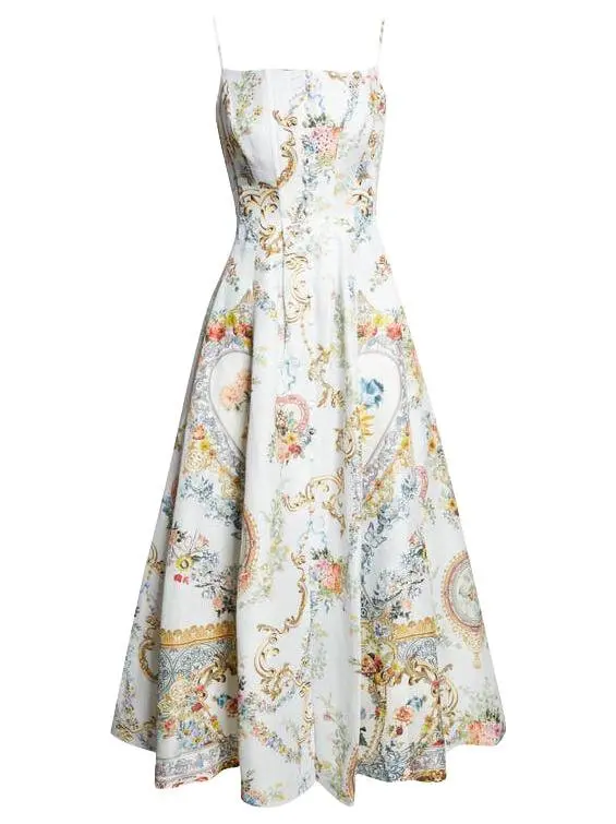 Camilla Corset Linen & Silk Twill Fit & Flare Dress - Seville Sweetheart
