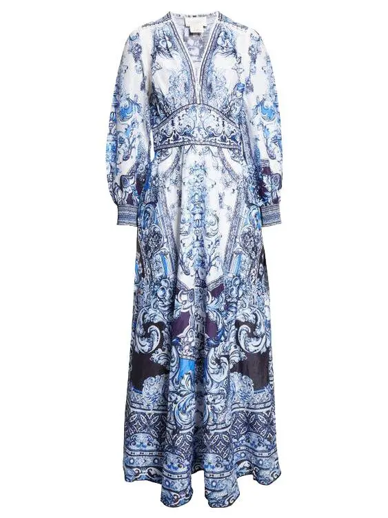Camilla Long Sleeve Linen & Silk Twill Dress - A Tiled Wonderland