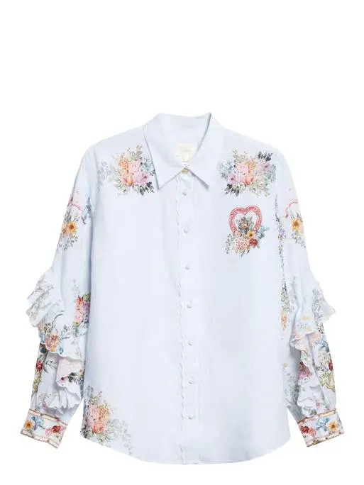 Camilla Floral Print Linen Button-up Shirt With Frill Detail - Seville Sweetheart