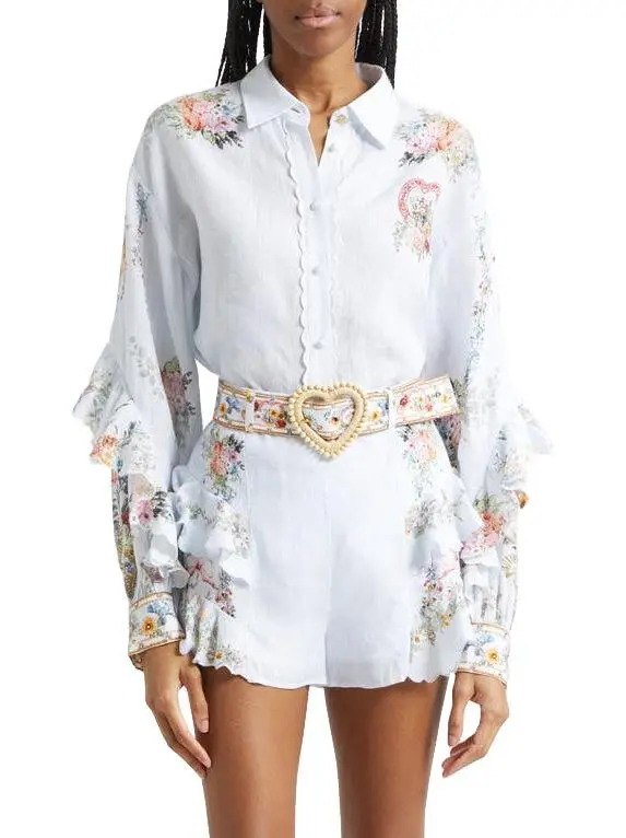 Camilla Floral Print Linen Button-up Shirt With Frill Detail - Seville Sweetheart