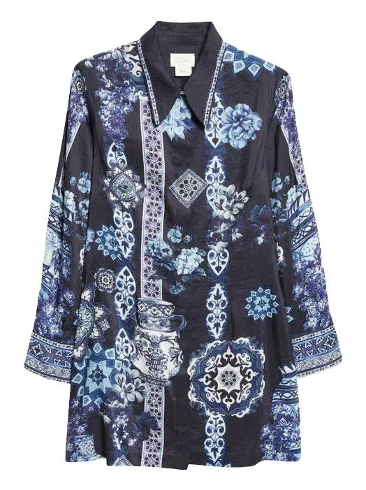 Camilla Long Sleeve Linen & Silk Twill Shirtdress - A Tiled Wonderland