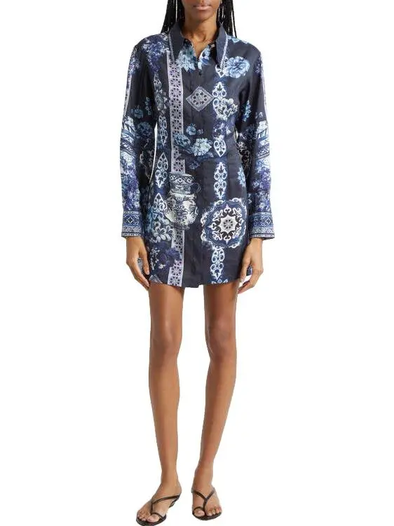 Camilla Long Sleeve Linen & Silk Twill Shirtdress - A Tiled Wonderland