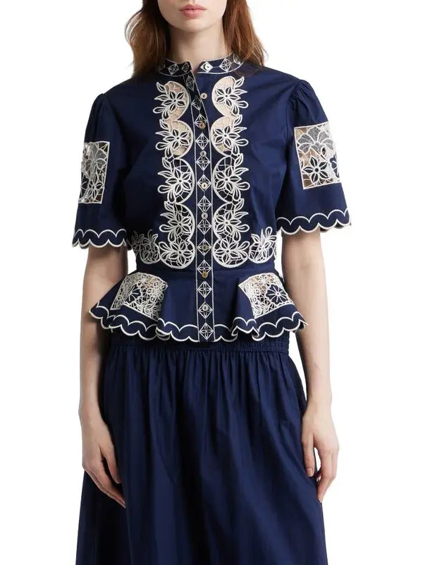 Love The Label Elizabeth Embroidered Peplum Top - Navy W White Embroidery