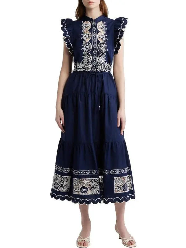 Love The Label Romy Embroidered Midi Dress - Navy W White Embroidery