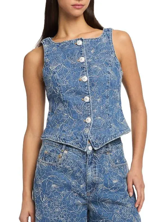 Cinq À Sept Garden Doodle Embroidered Denim Vest - Salt Breeze/white