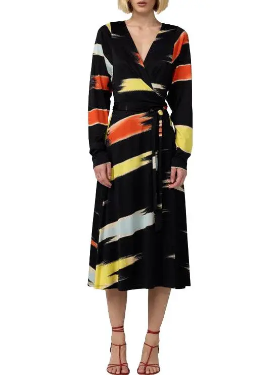 Diane Von Furstenberg Amara Print Long Sleeve Wrap Midi Dress - Cloud Haze Black