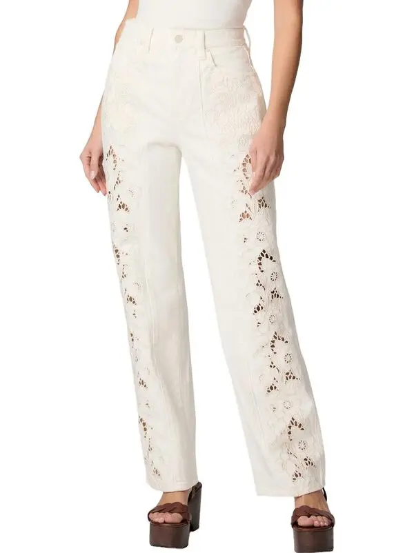 Paige Sawyer Embroidered Straight Leg Jeans - Tonal Ecru Embroidered