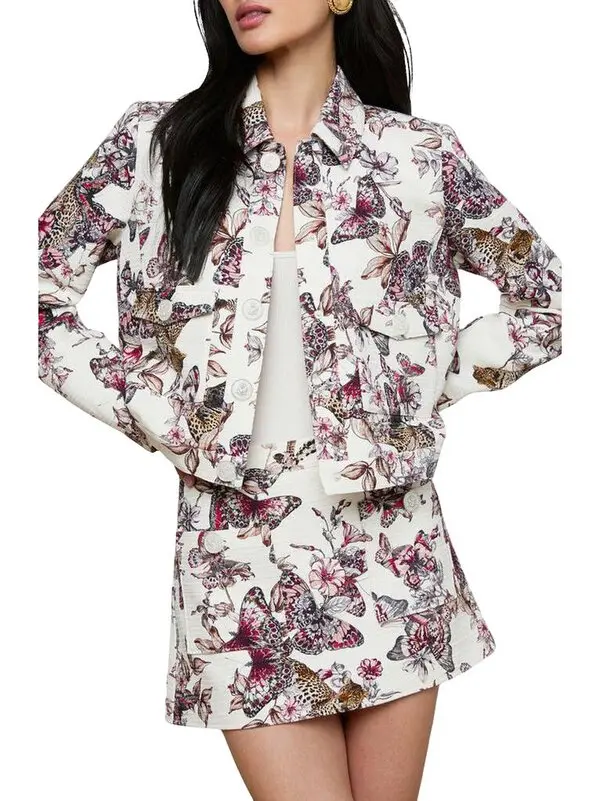L'Agence Nyx Printed Cropped Jacket - White Multi Large Butterfly