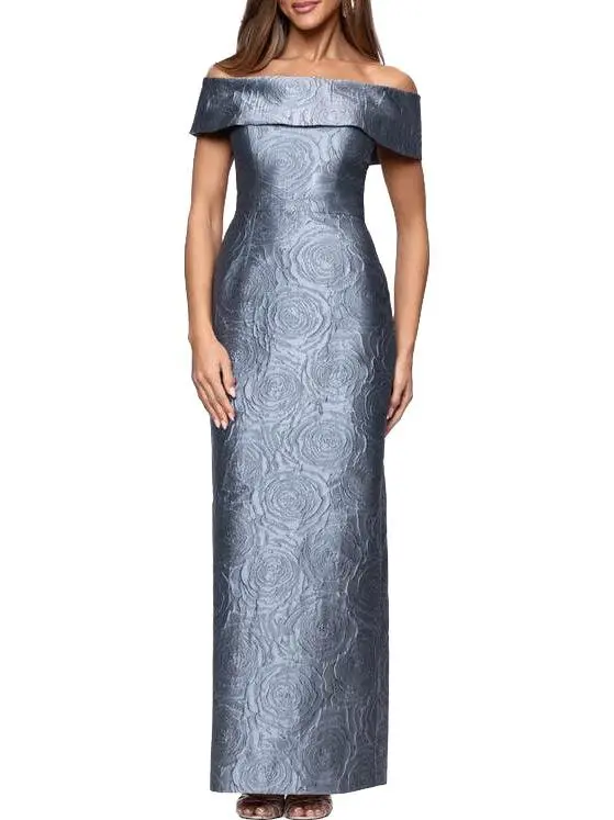 XSCAPE EVENINGS Metallic Jacquard Off-the-shoulder Gown - Slate