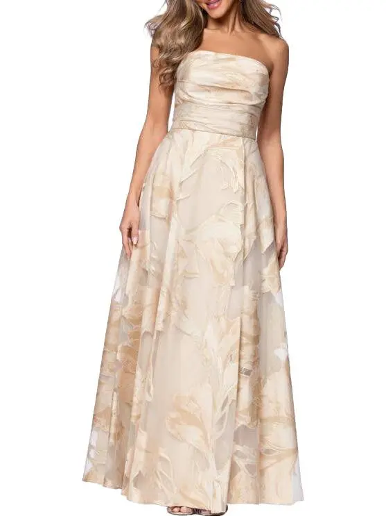XSCAPE EVENINGS Floral Jacquard Strapless Gown - Blush/gold