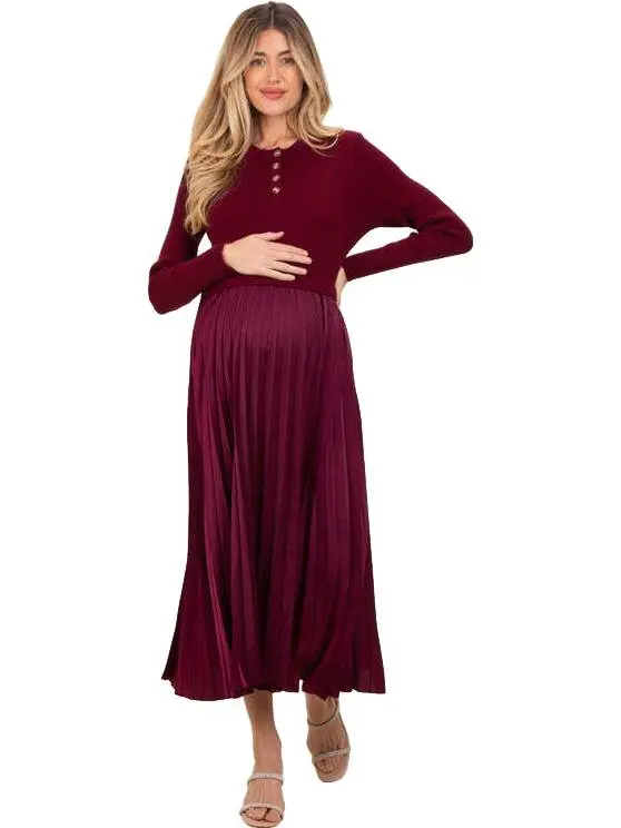 PINKBLUSH Collared Knit Pleated Skirt Maternity Midi Dress - Burgundy