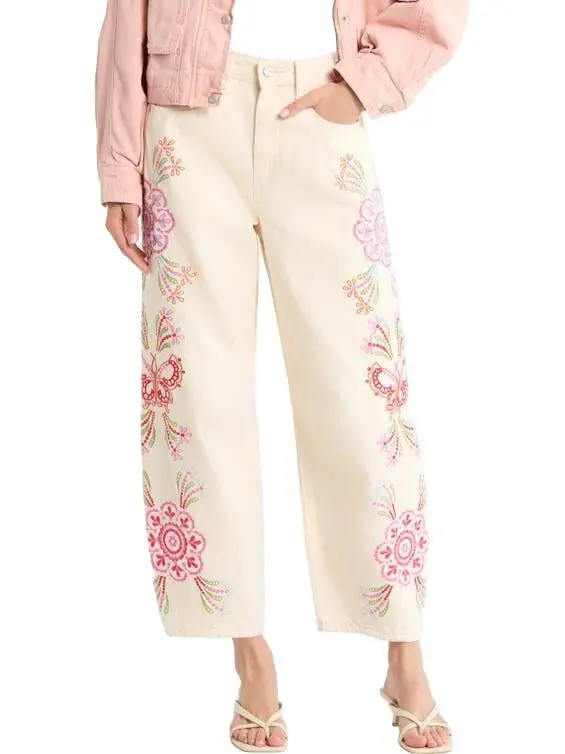 Blanknyc Floral Embroidered Barrel Leg Jeans - Spring Fling