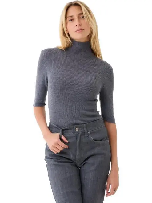 Majestic Filatures Merino Rib-knit Elbow Sleeve Turtleneck - Gris Chine