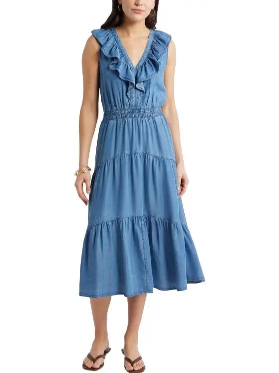 Caslon Ruffle Sleeveless Chambray Maxi Dress - Medium Wash