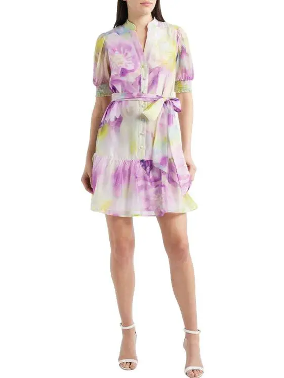 Anne Klein Floral Print Mini Dress - Pastel Lilac Multi