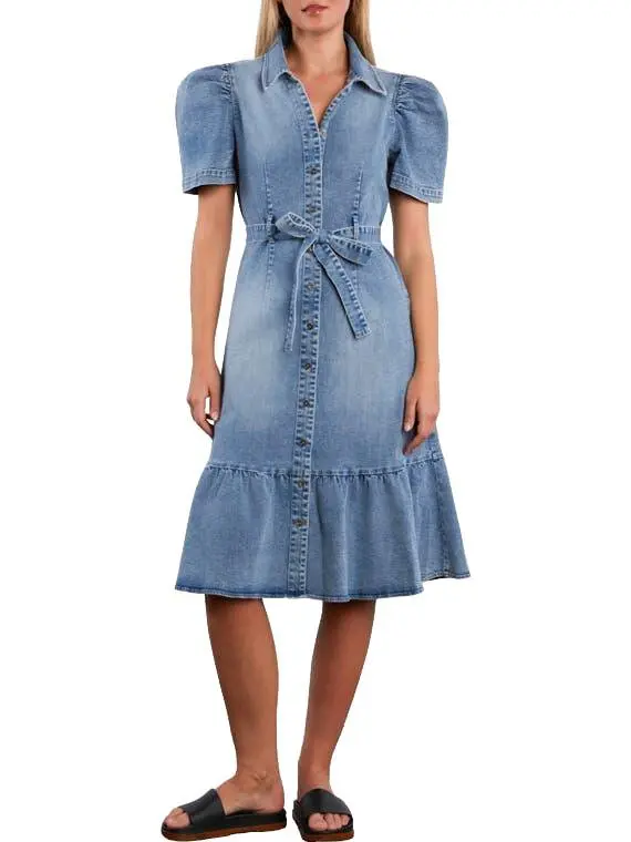 WASH LAB DENIM Muse Belted Puff Sleeve Denim Midi Shirtdress - Denim Muse