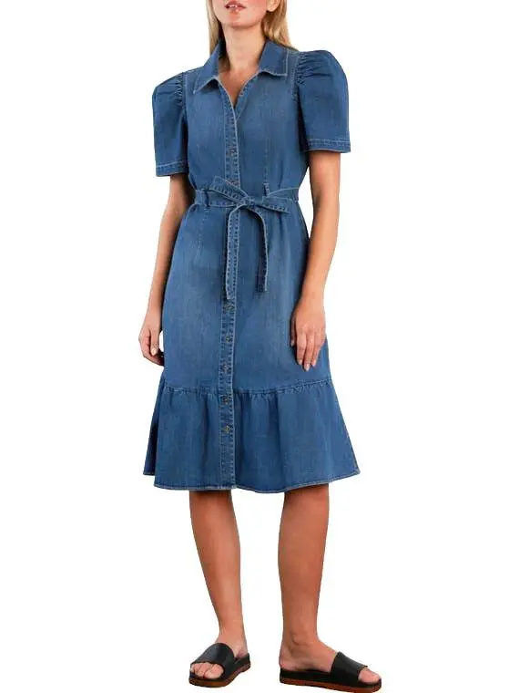 WASH LAB DENIM Muse Belted Puff Sleeve Denim Midi Shirtdress - Marina Blue