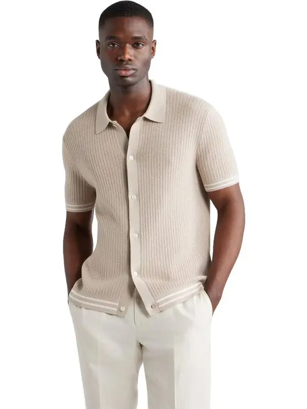 Nordstrom Short Sleeve Ribbed Cotton & Silk Cardigan - Beige Oak Heather