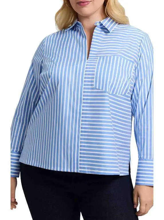 Foxcroft Striped Popover Top - Periwinkle Blue/white