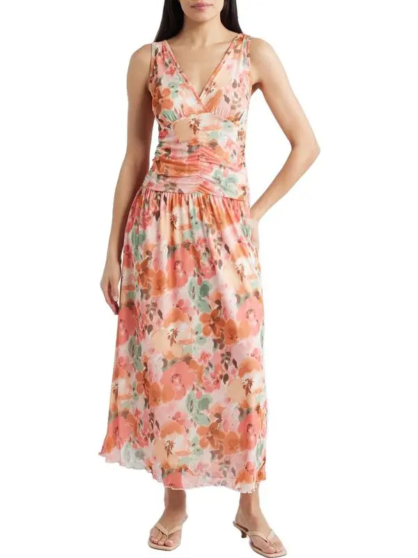 Loveappella Floral Ruched Mesh Maxi Dress - Blush